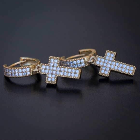 Accessories | Mens Yellow Gold Diamond Cross Hoop Earrings | Poshmark